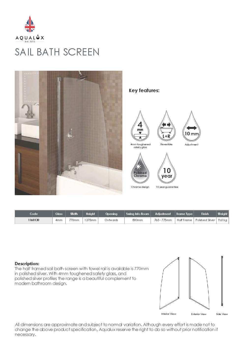 Aqualux Aqua 4 Sail Bath Screen 770mm X 1375mm X 4mm Silver Frame
